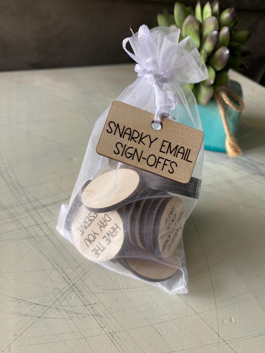 Snarky Email Sign-offs - 30 Wood Tokens in an Organza Bag - Funny ...