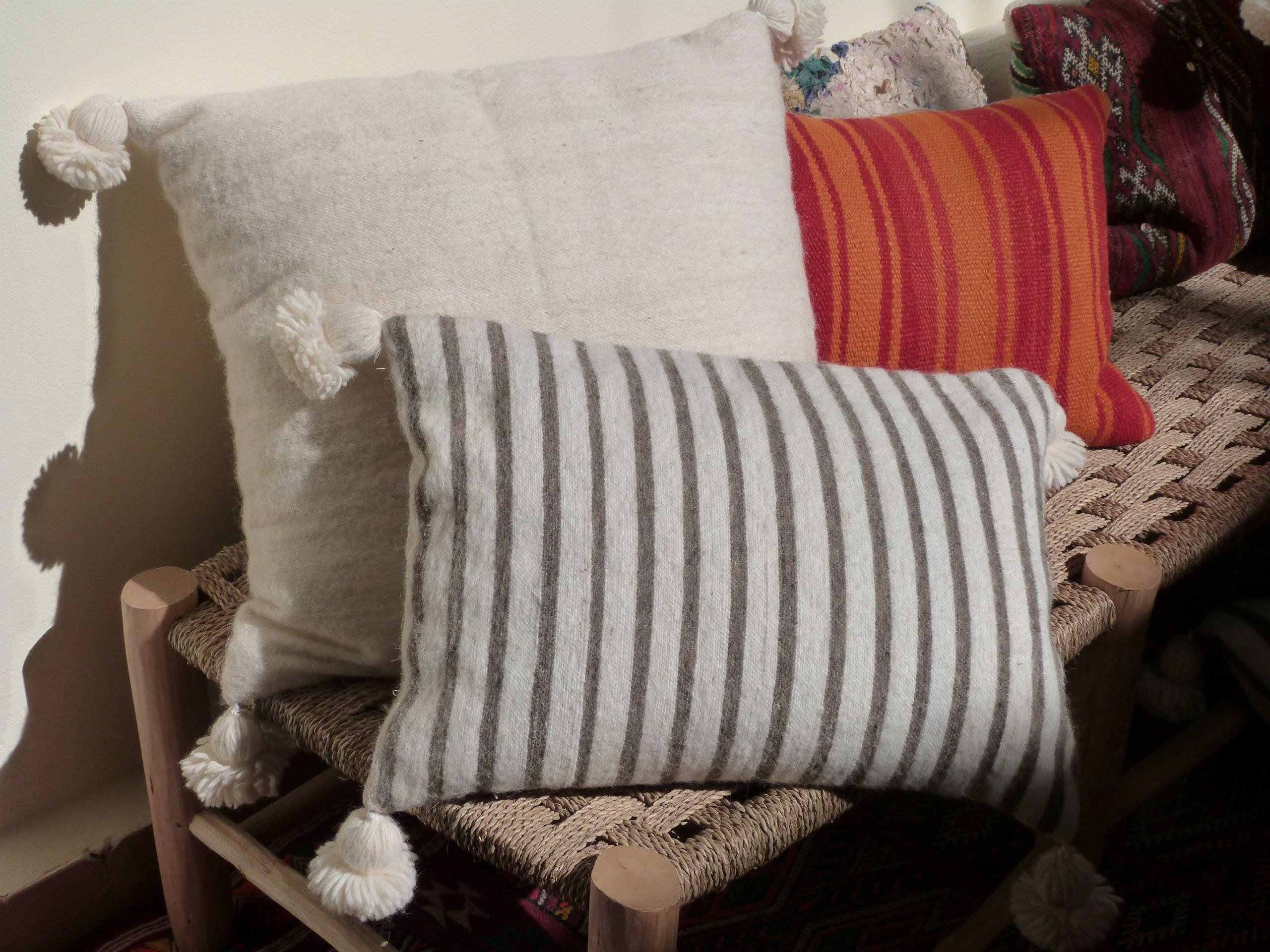 Pom pom cushion moroccan throw pillowsberber pillowpom poms | Etsy