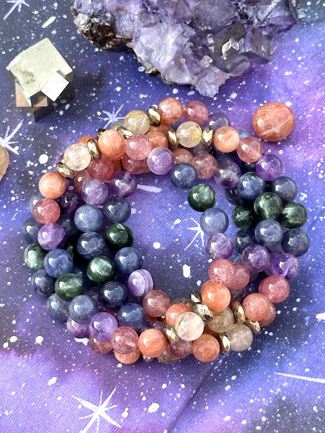ANDROMEDA BRACELET- Gold Rutile in Quartz, Pyrite, Sunstone, Strawberry ...