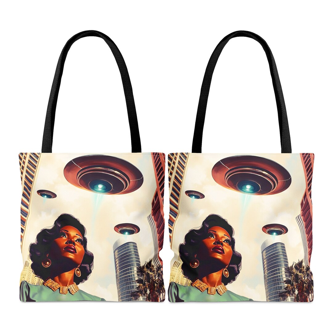 UFO Sighting Tote Bag Black Woman Art Brown Skin Girl Retro ...