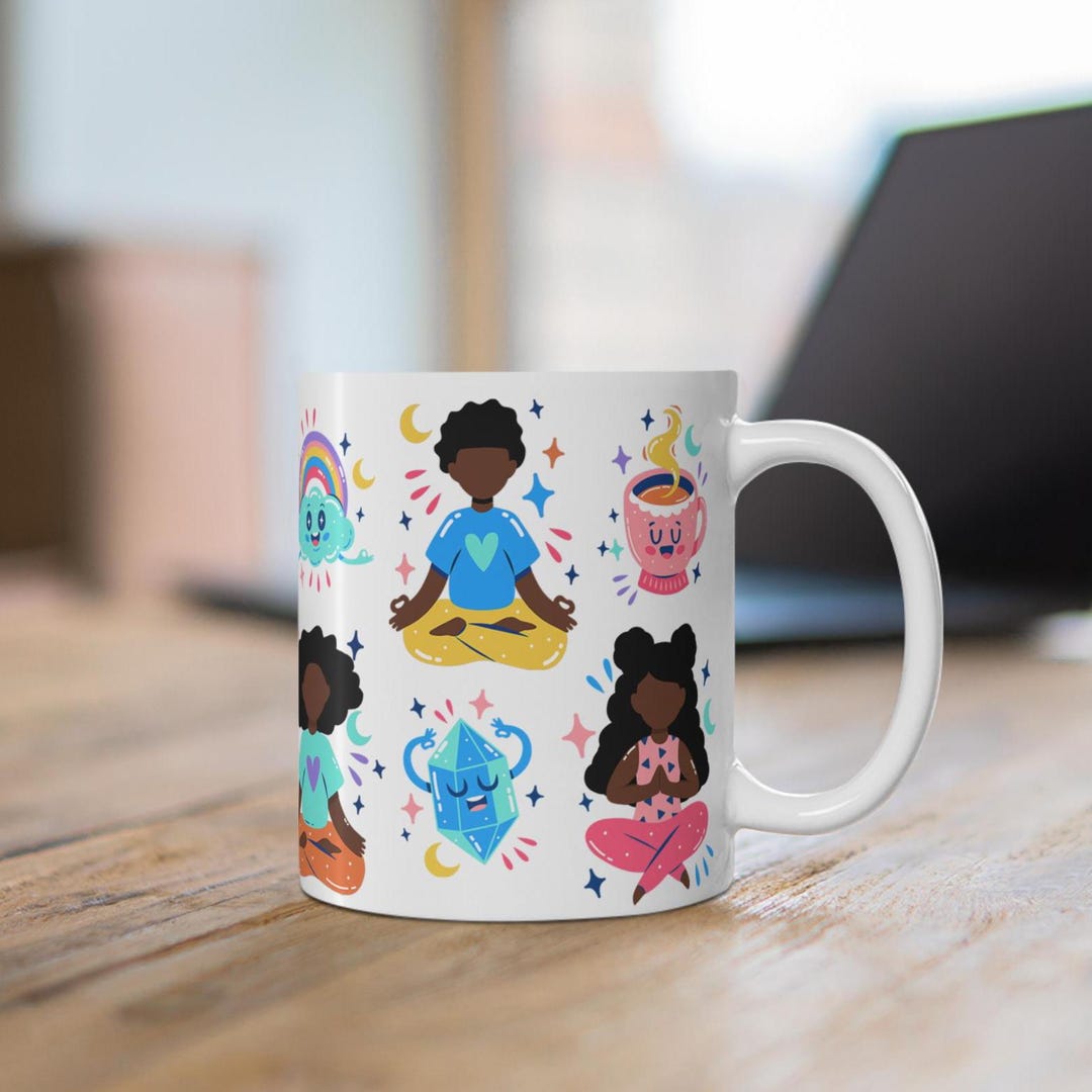 Mindful Meditation Mug Cute Black Girl Yoga Design, Cosmic Self-care ...