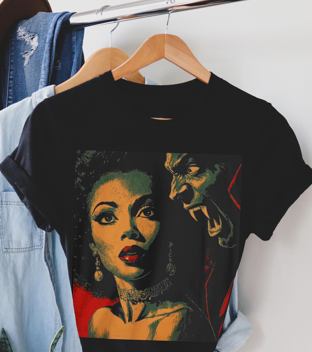 Retro Pulp Horror Vampire Tee: Afro Beauty Spooky Style Short Sleeve ...