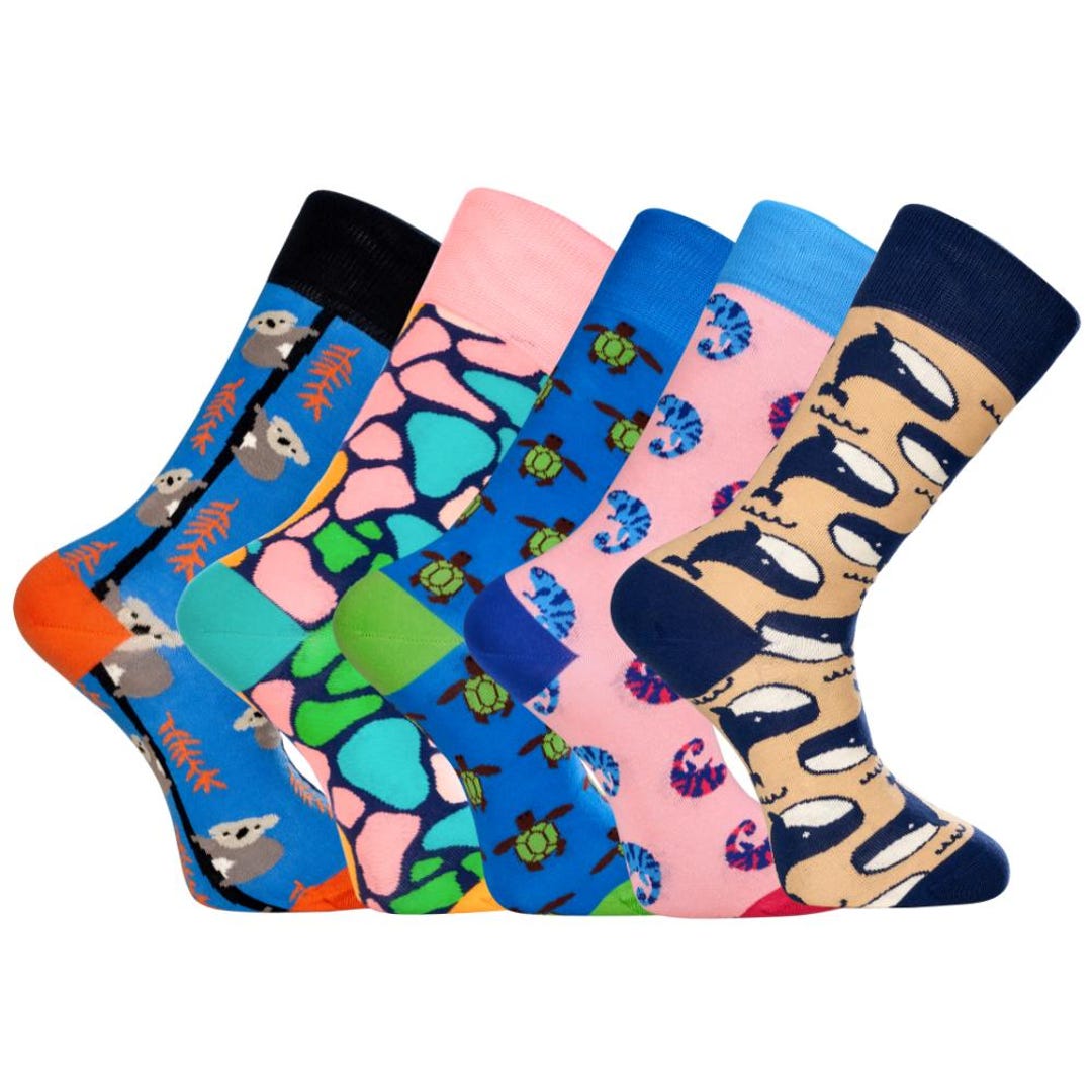 Mens Colorful Fun Patterned Crew Socks Gift Pack 5 Pairs Organic Cotton ...