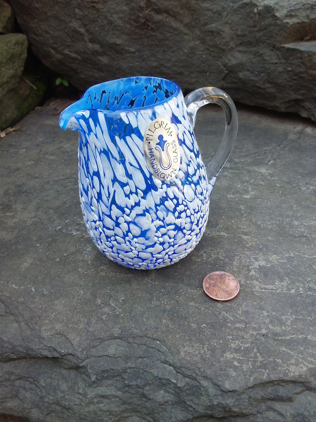 Vintage Pilgrim Handblown Blue Glass Creamer: White Splatter Mini ...