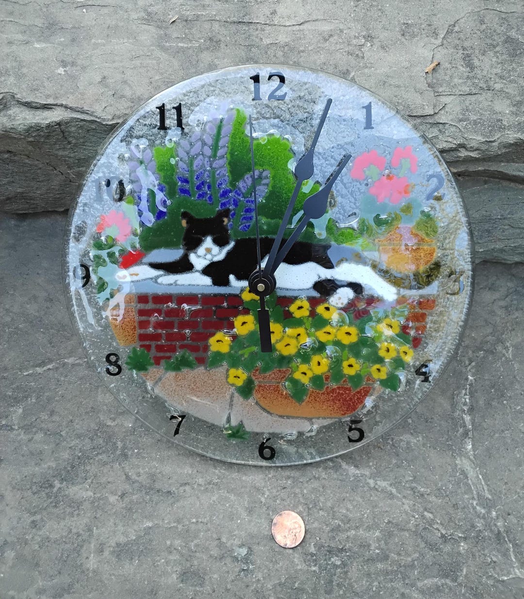 Vintage Peggy Karr Art Glass Wall Clock garden Cat, Black & White ...