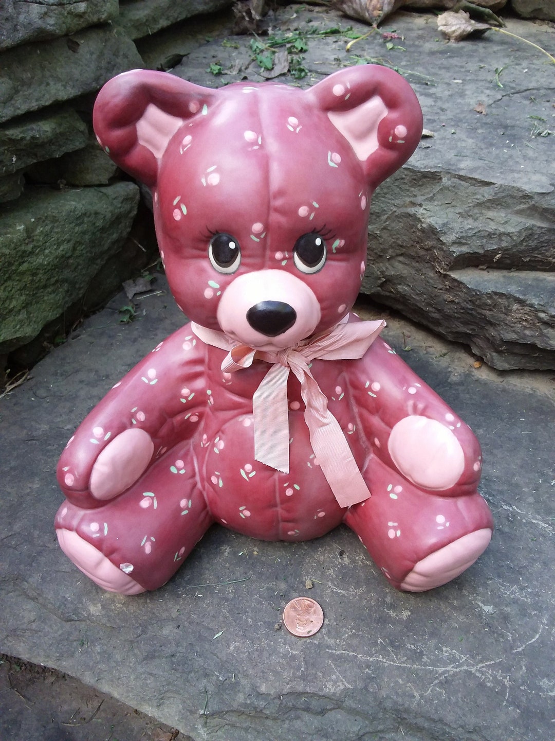 Vintage Ceramic Pink Teddy Bear Coin Bank Figurine, Large Quilted Bear ...