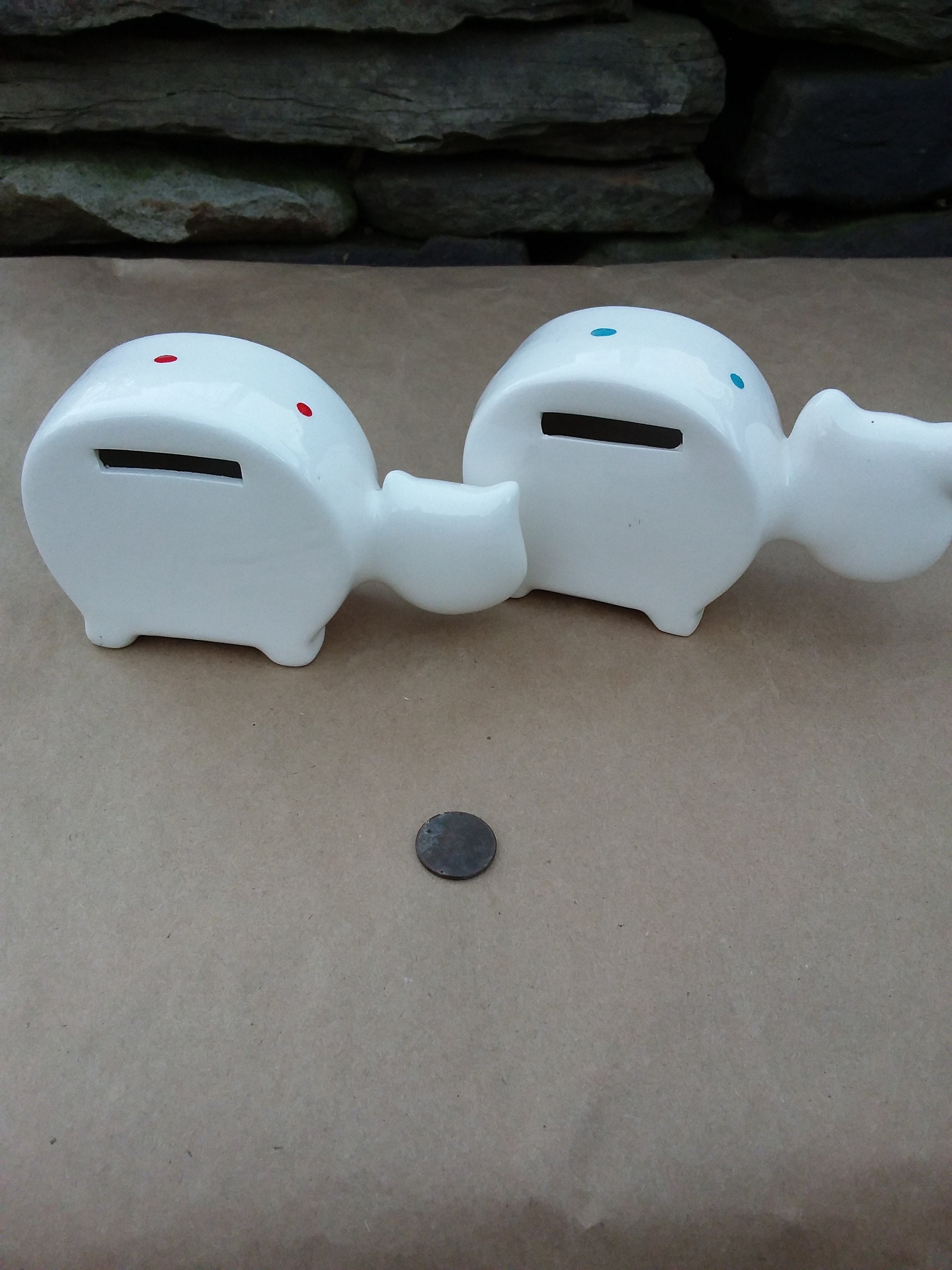 Vintage Dog an Kitty Cat Coin Banks Round Polka Dot Ceramic - Etsy