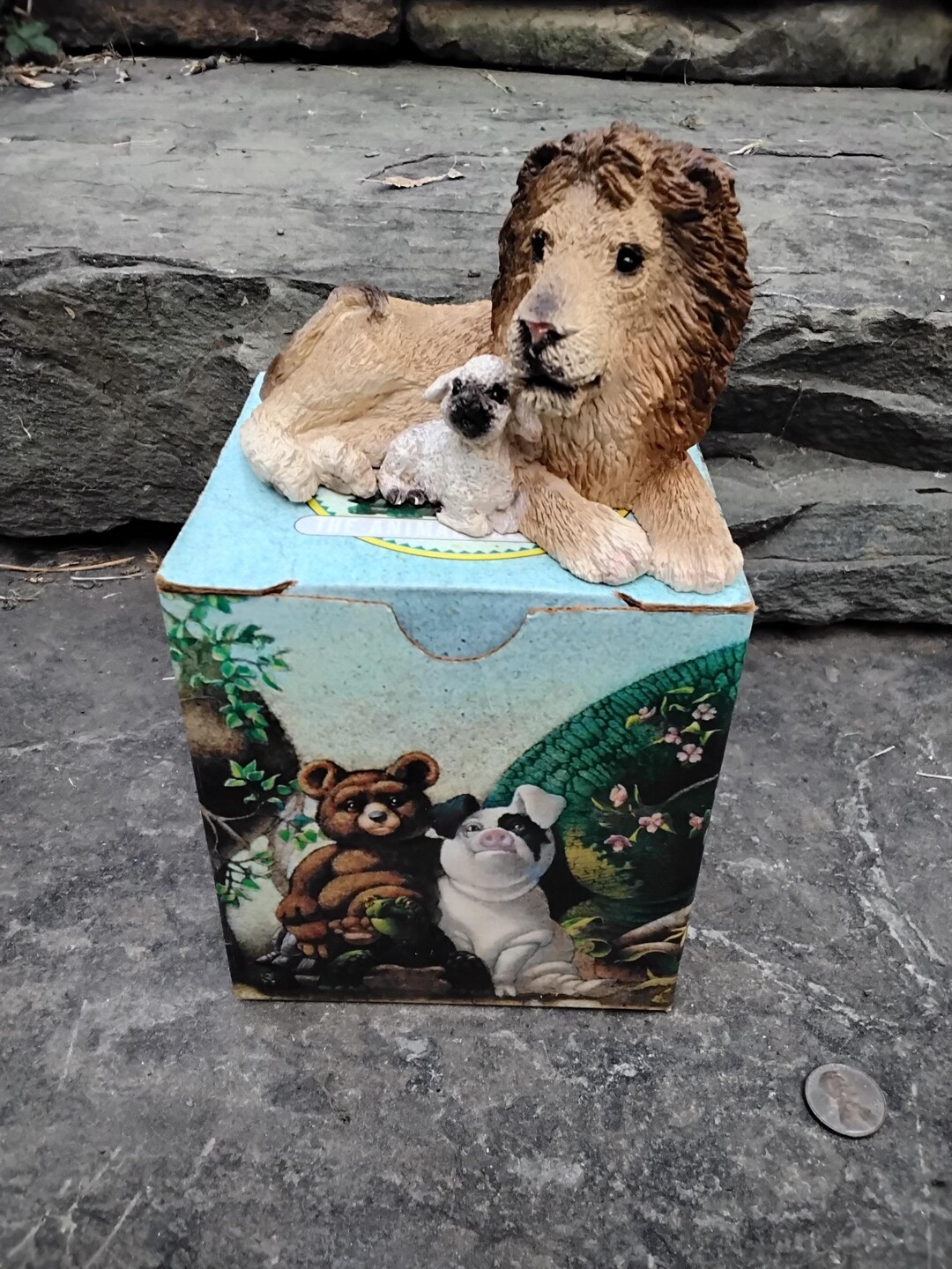 Vintage Stone Critters Lion and Lamb Laying Together Figurine With Box ...
