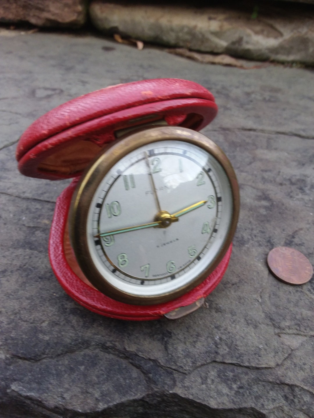 Vintage Florn Brass Wind-up Travel Alarm Clock - Red Leather Case - Etsy