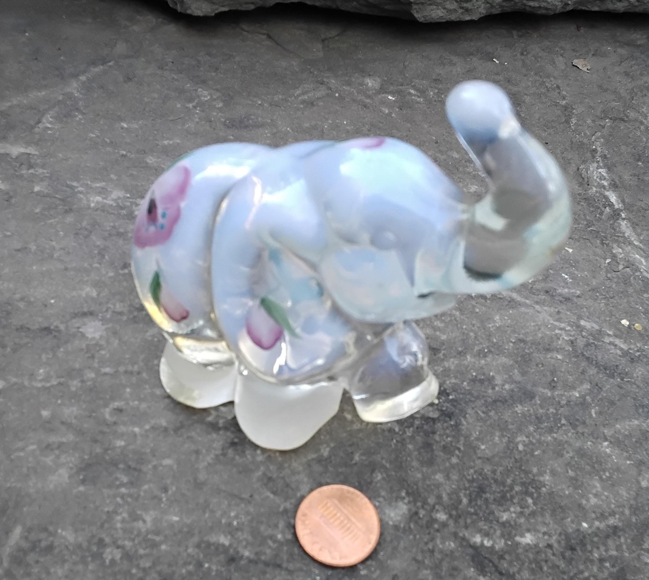 Vintage Fenton Opalescent Glass Elephant Trunk Up, Pink Florals, Hand ...