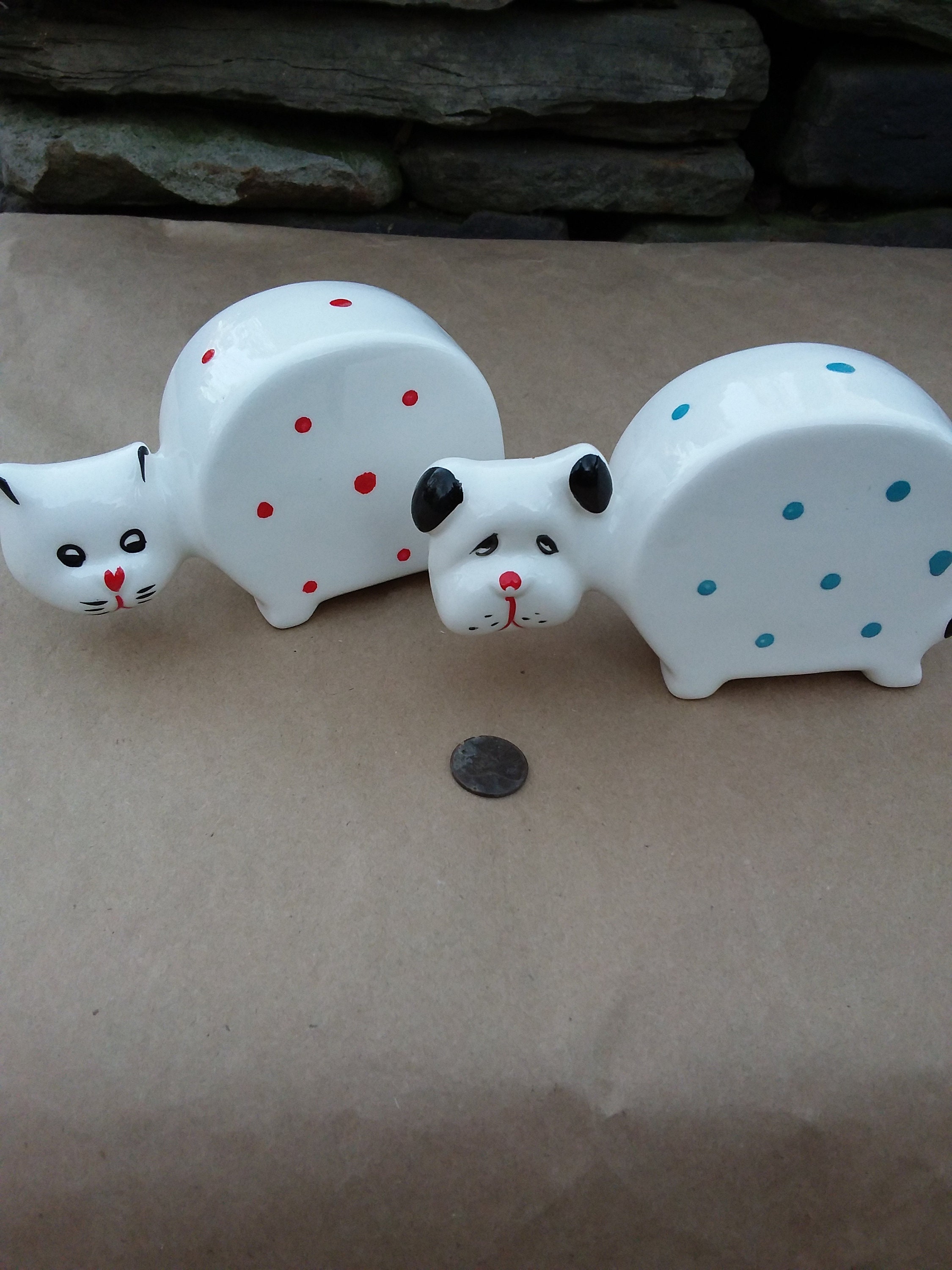 Vintage Dog an Kitty Cat Coin Banks Round Polka Dot Ceramic - Etsy