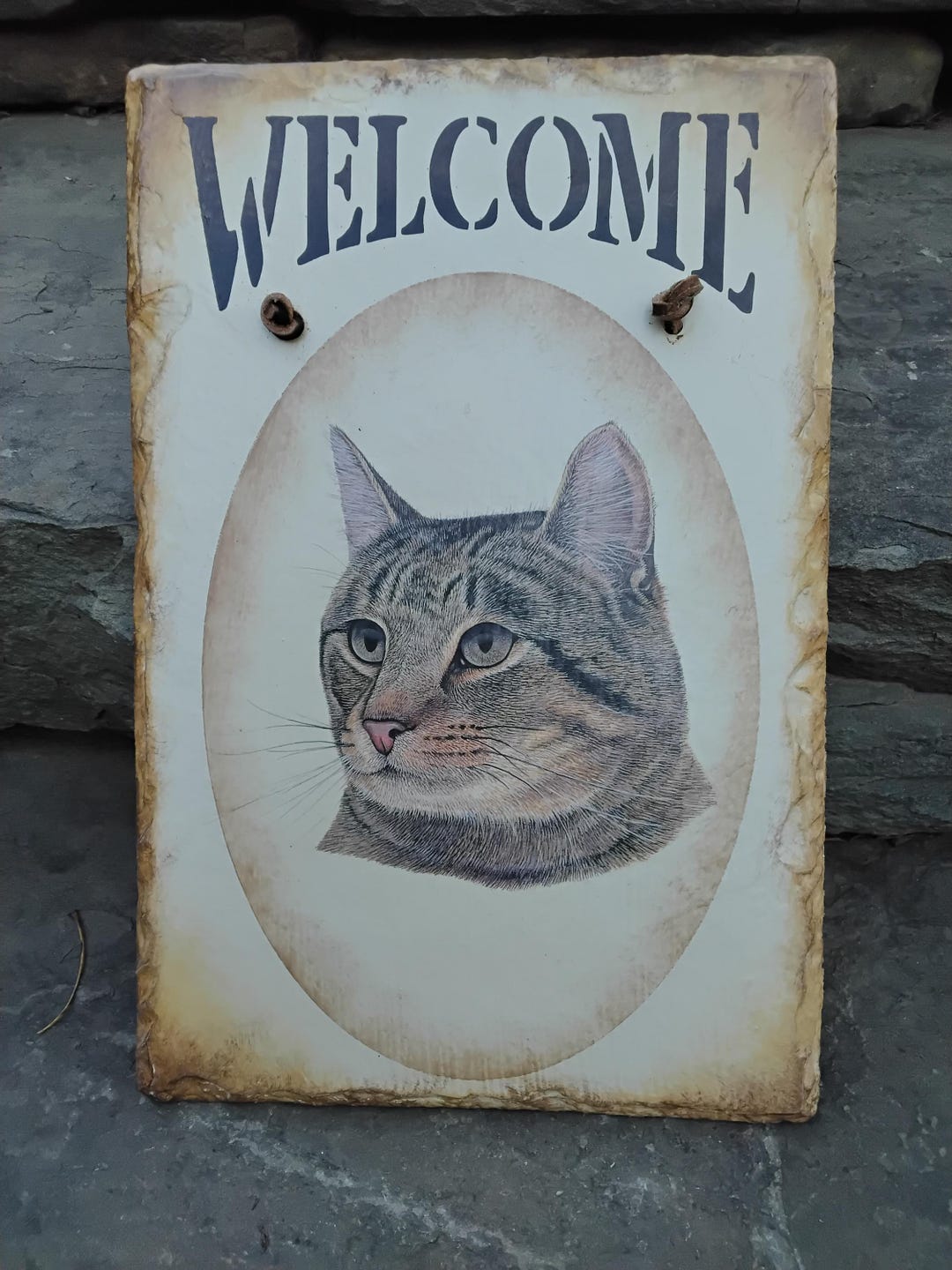 Vintage Tabby Cat Slate Welcome Sign With Leather Hanger, Welcome ...