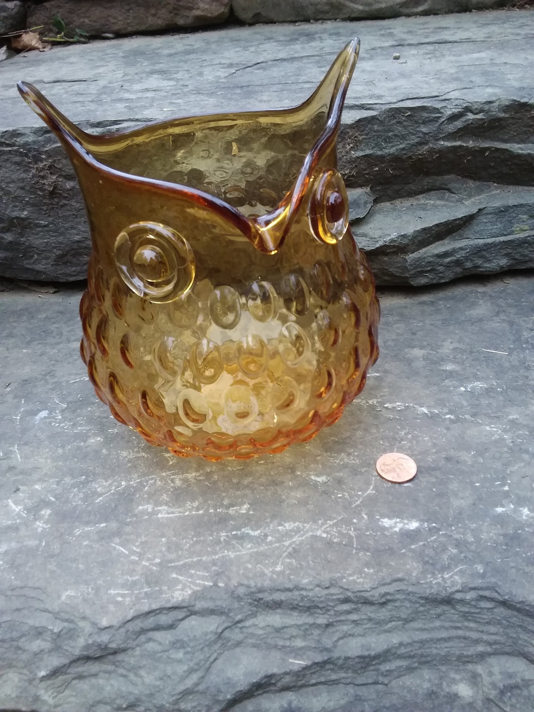 Vintage Amber Glass Owl Vase With Bubble Pattern Art Glass Owl Vase Etsy