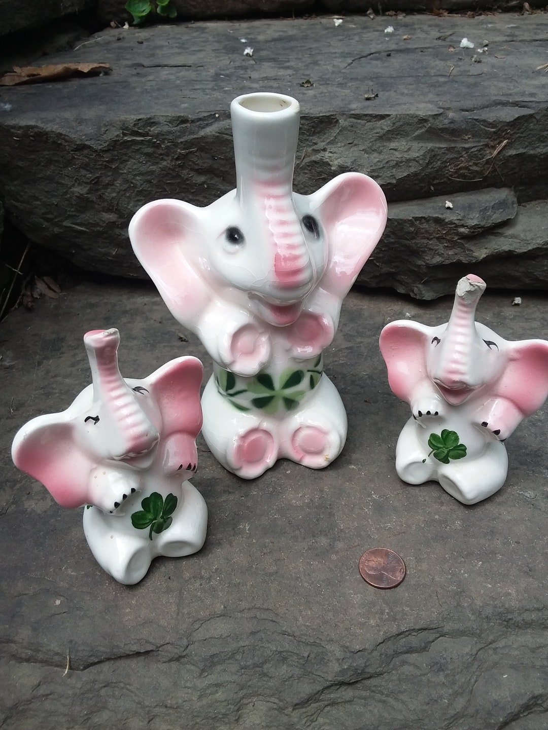 Vintage Ceramic Elephant Bud Vase Set: Pink Shamrock Decor, 1960s - Etsy