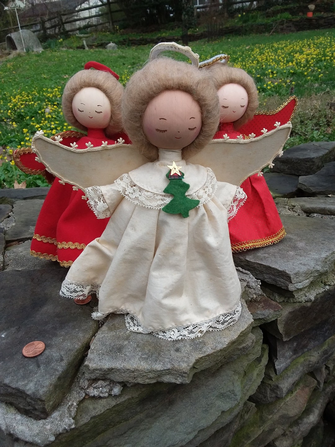 Vintage Christmas Cone Angels 10" Figurines, Cotton Dresses, Cone Body ...