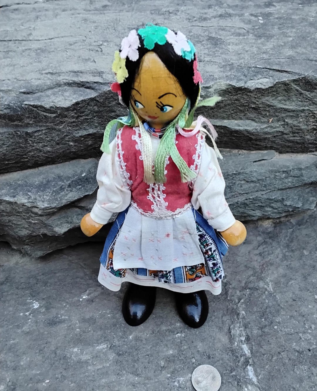 Vintage Polish Wood Peg Doll, Black Hair Floral Dress Jointed Wood Doll ...