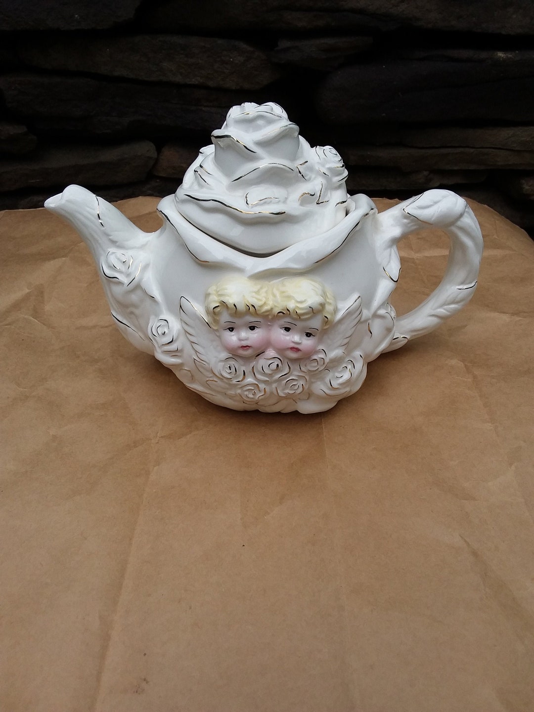 Vintage AAA Imports Cherub Angel Teapot With Gold Trim - Etsy