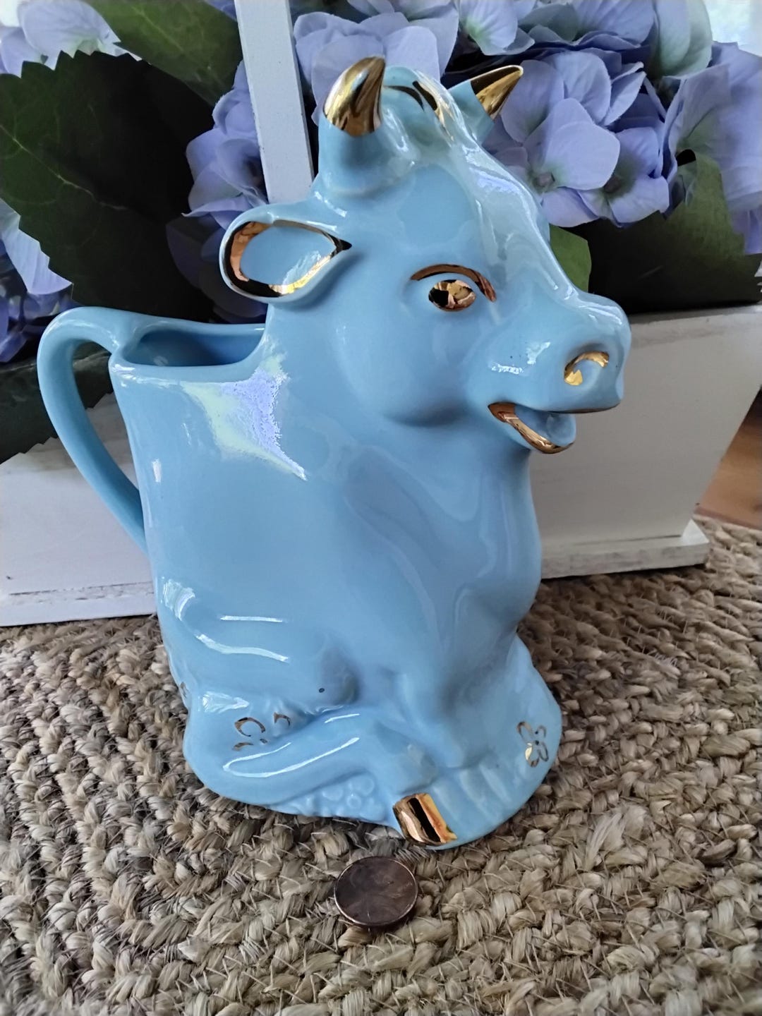 Vintage Pearl Chia Co Blue Bull Creamer With Gold Trim, Made in USA - Etsy