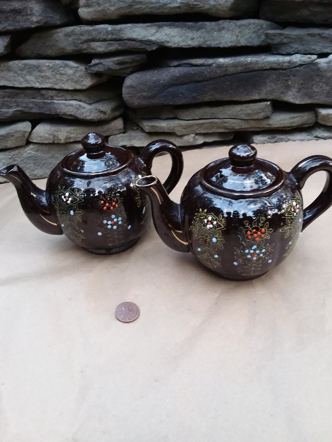Vintage Redware Floral Teapot With Gold Trim, Set of 2, 1 Cup Ceramic ...