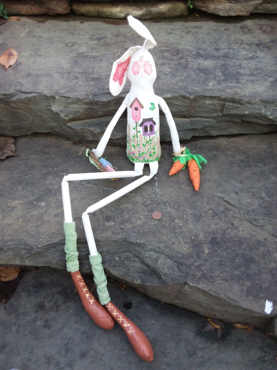 Vintage Long White Bunny Rabbit Painted Folk Art Oil Cloth Stuffed ...