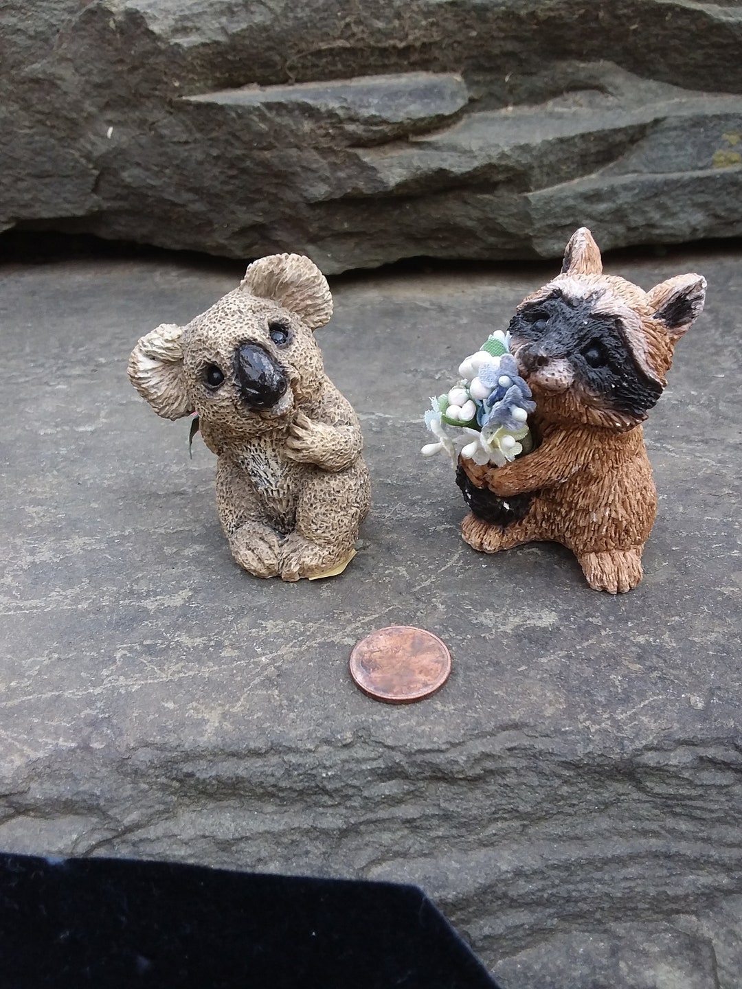 Vintage Stone Critters Raccoon and Koala Bear With Bouquets of Flowers ...