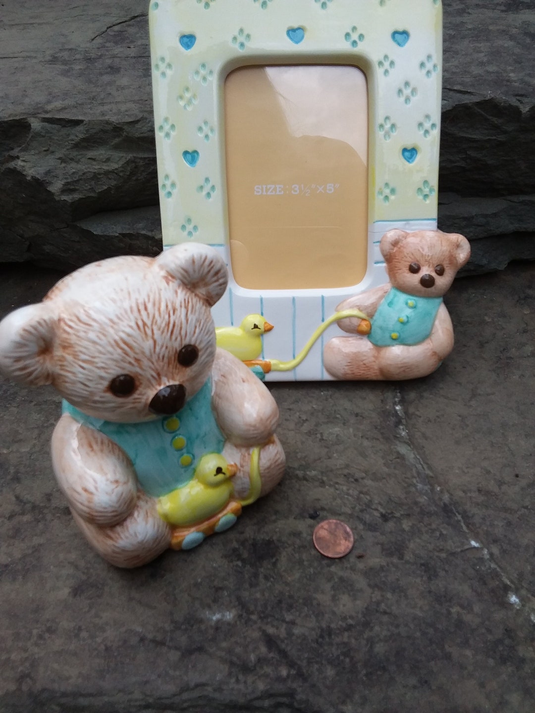 Vintage Teddy Bear With Yellow Duck Coin Bank and Picture Frame ...