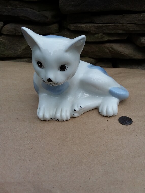 Vintage Blue & White Kitty Cat Ceramic by Flambro | Etsy