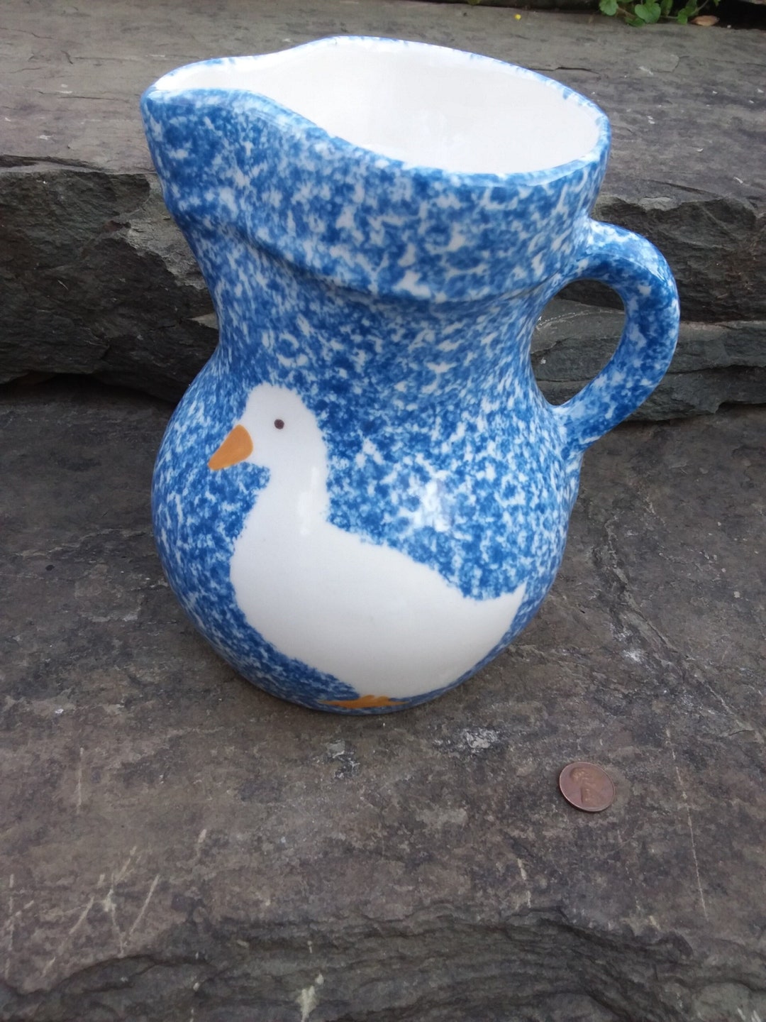 Vintage N. S. Gustin Blue Spatterware, Spongeware Duck Pitcher, Ceramic ...