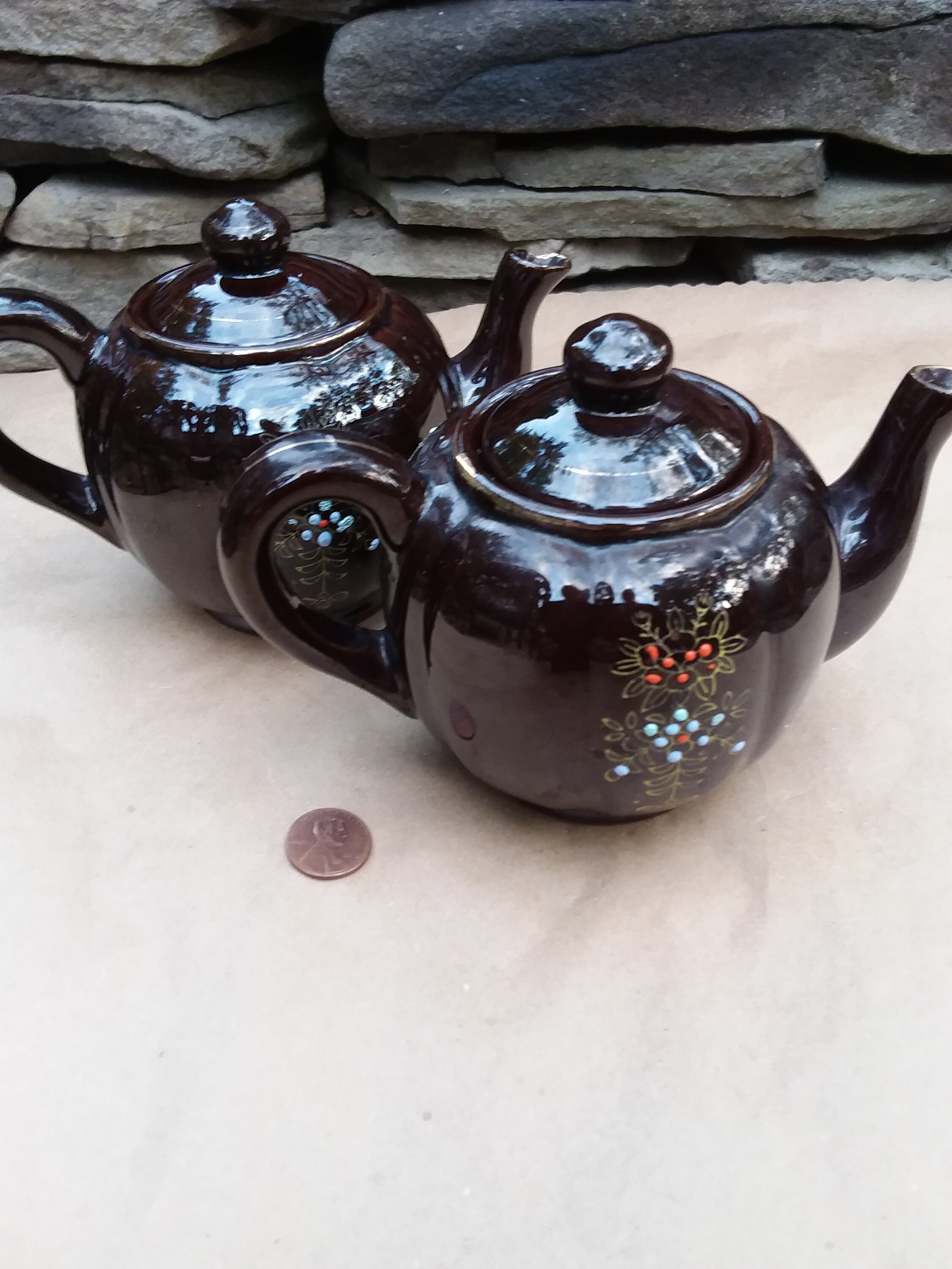 Vintage Redware Floral Teapot with Gold Trim Set of 2 1 Cup | Etsy