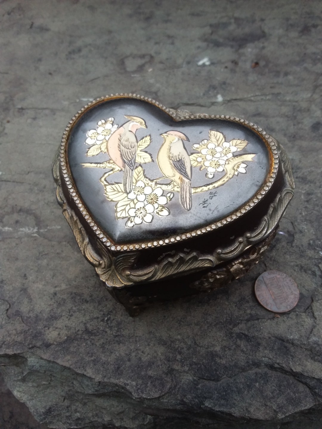 Vintage Metal Heart Shaped Musical Lidded Trinket Box With Birds and ...