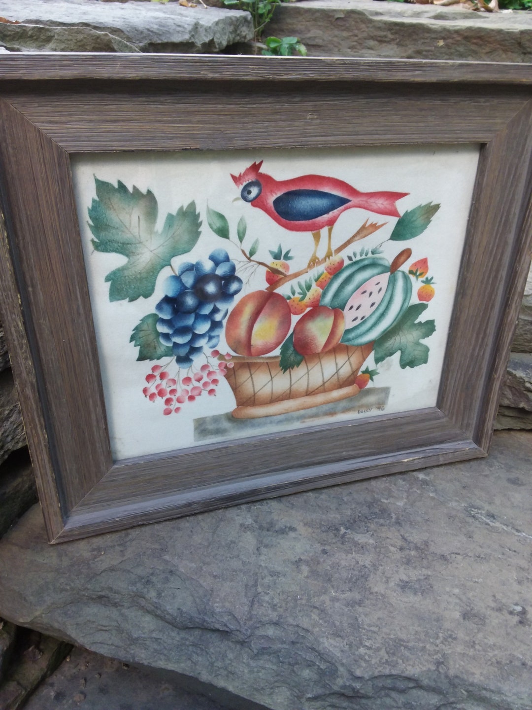 Vintage Framed Theorem Original Painting Folk Art Fruit Basket and Bird ...