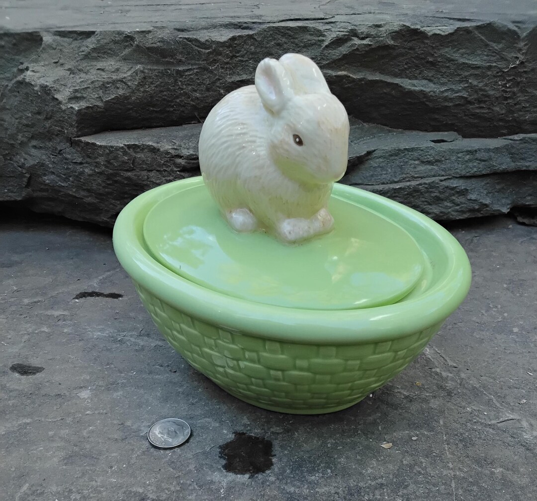 Vintage Hallmark Bunny Rabbit on Green Basket Ceramic Lidded Candy Dish ...