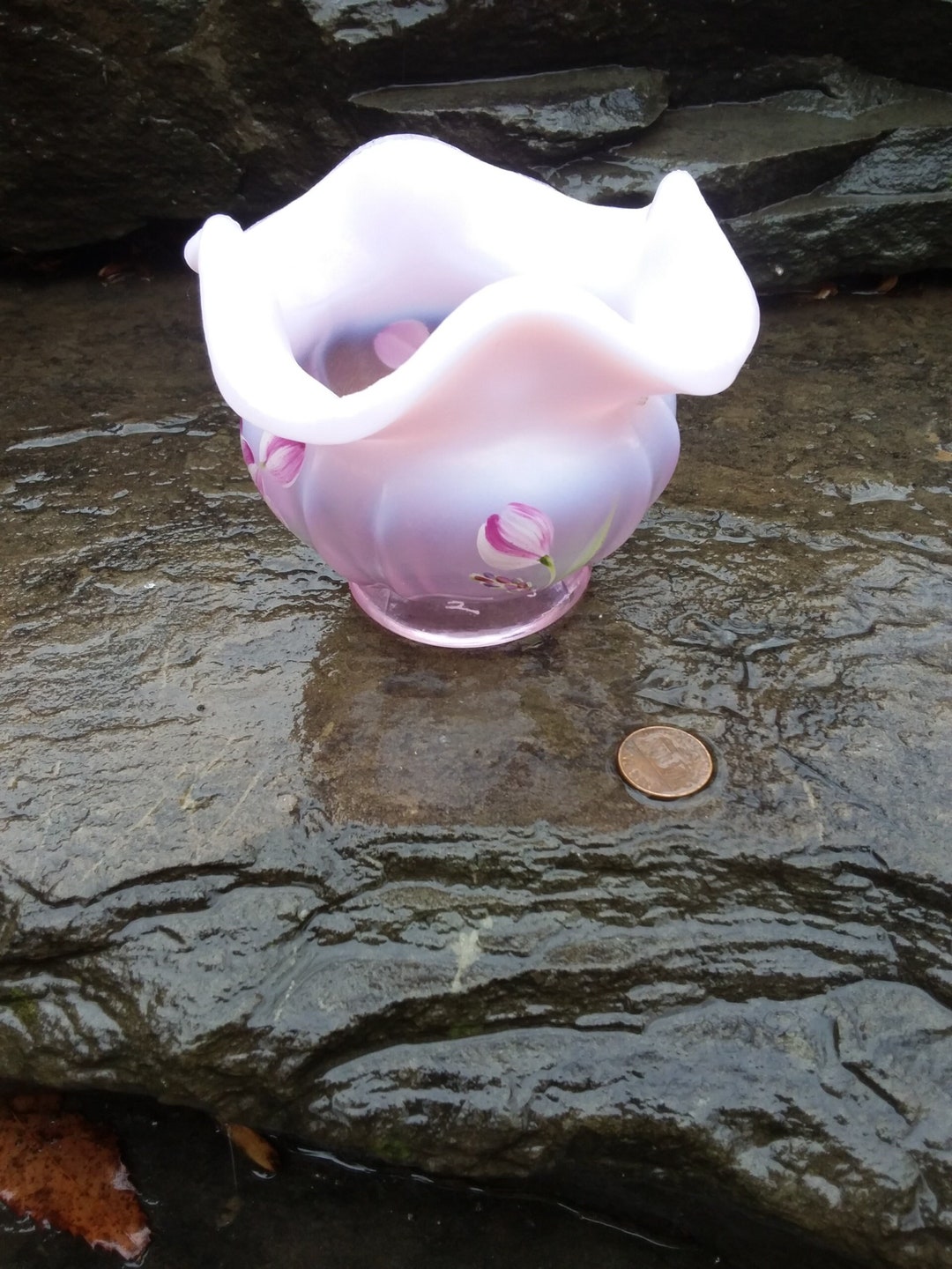 Vintage Fenton Pink Opalescent Ruffle Vase or Dish Rose Milk, Hand ...