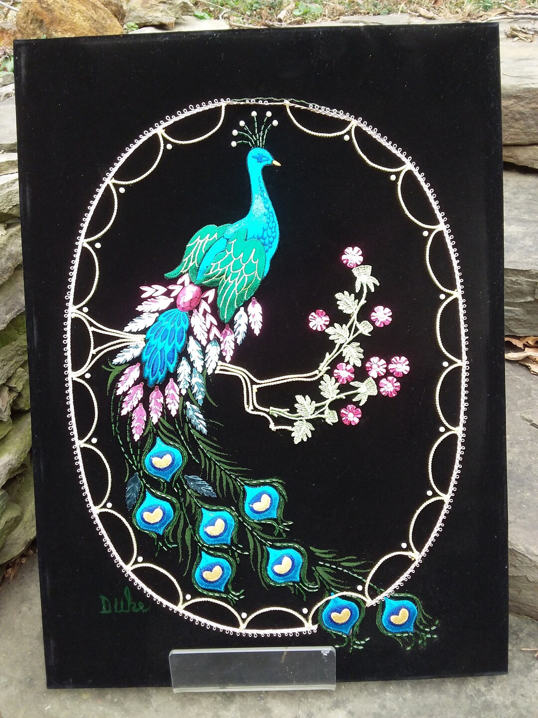 Vintage Embroidered Peacock Mounted on Black Velvet Wall Art - Etsy