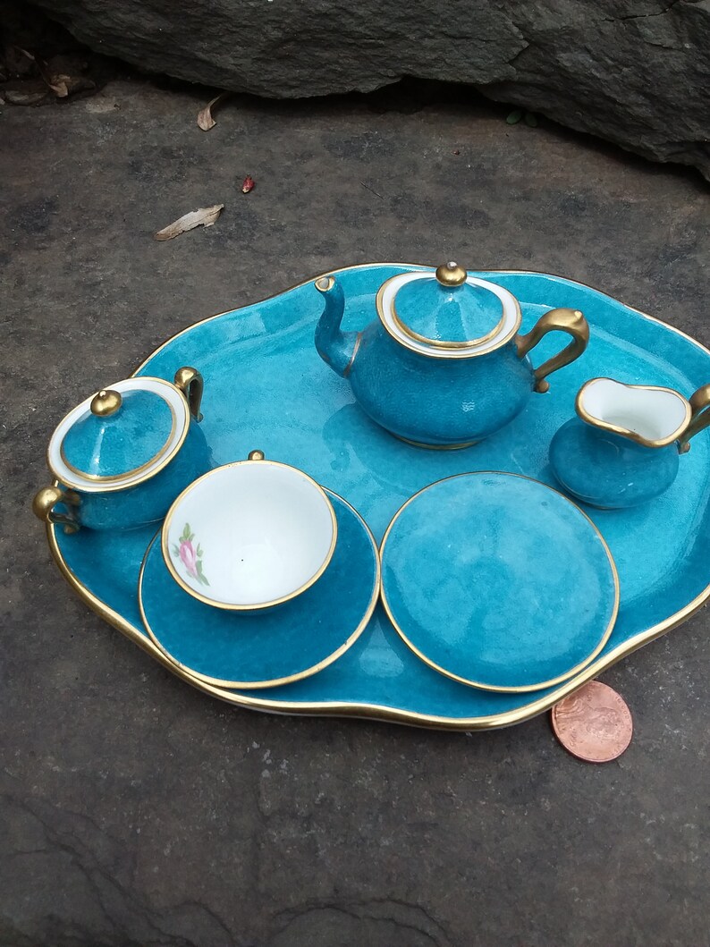 Vintage Porcelain Crown Staffordshire Miniature Tea Set | Etsy