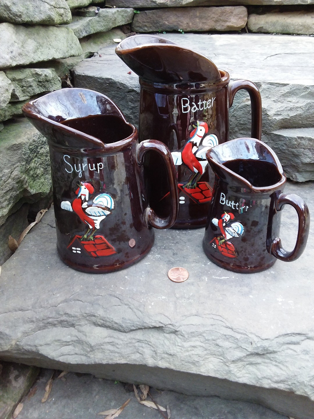 Vintage Redware Pancake Pitcher Set, Batter, Syrup and Butter, Rooster ...