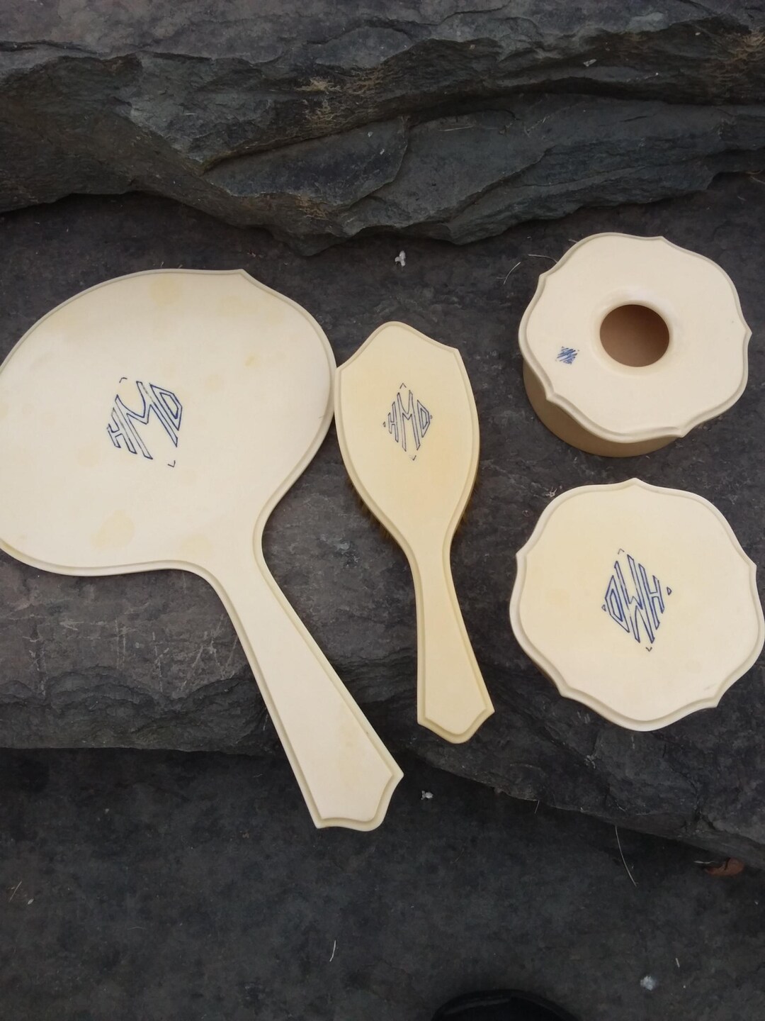 Vintage Art Deco Ivory Pyralin Celluloid 4 Piece Vanity Set With ...