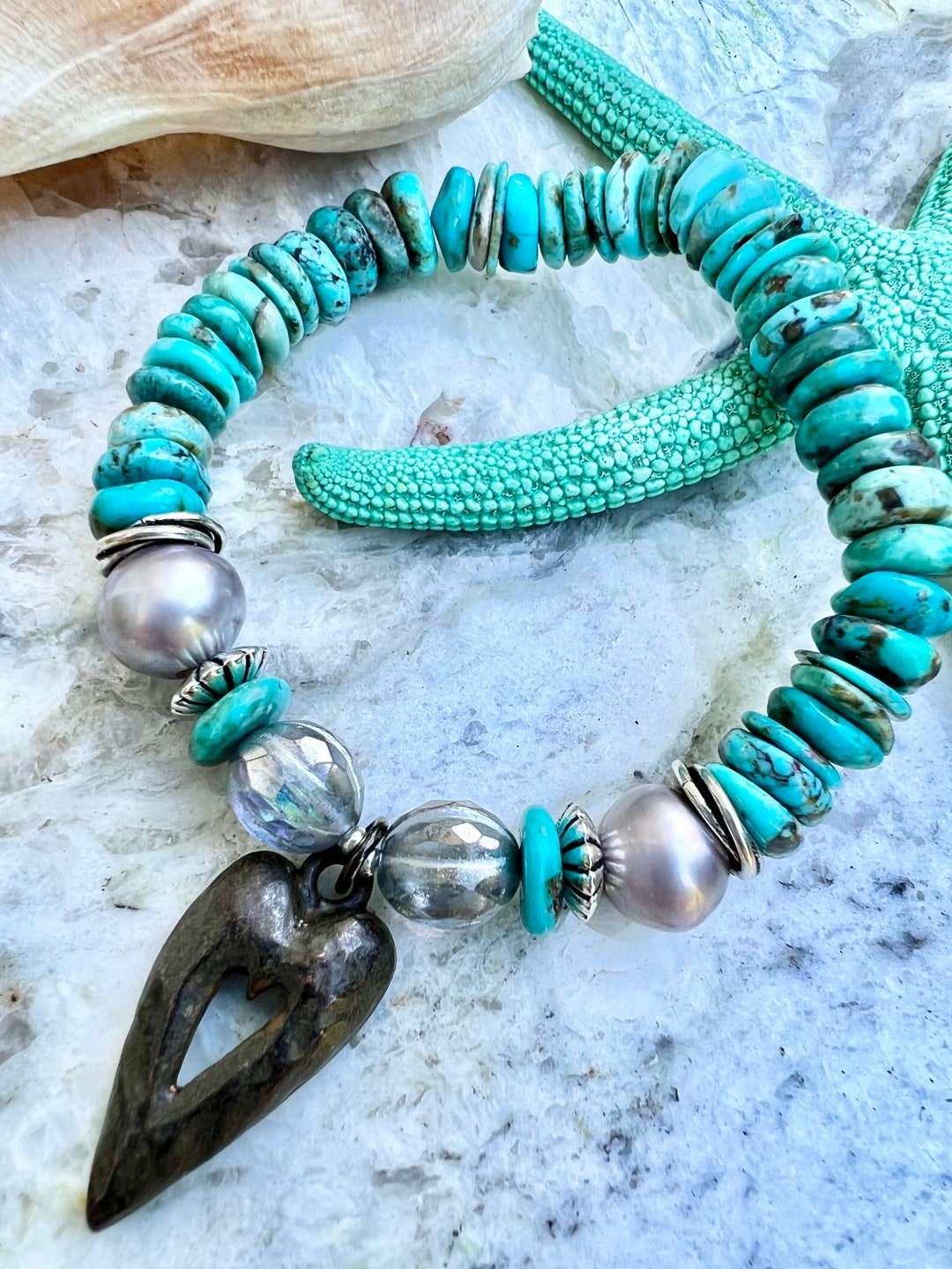 Genuine Turquoise Bracelet, Heart Charm Bracelet, Pearl Bracelet ...