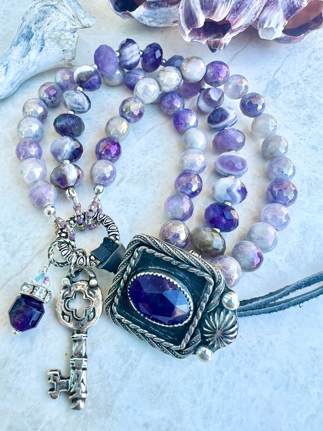 Amethyst Button Bracelet: Triple Strand Purple Jade Boho Bracelet - Etsy