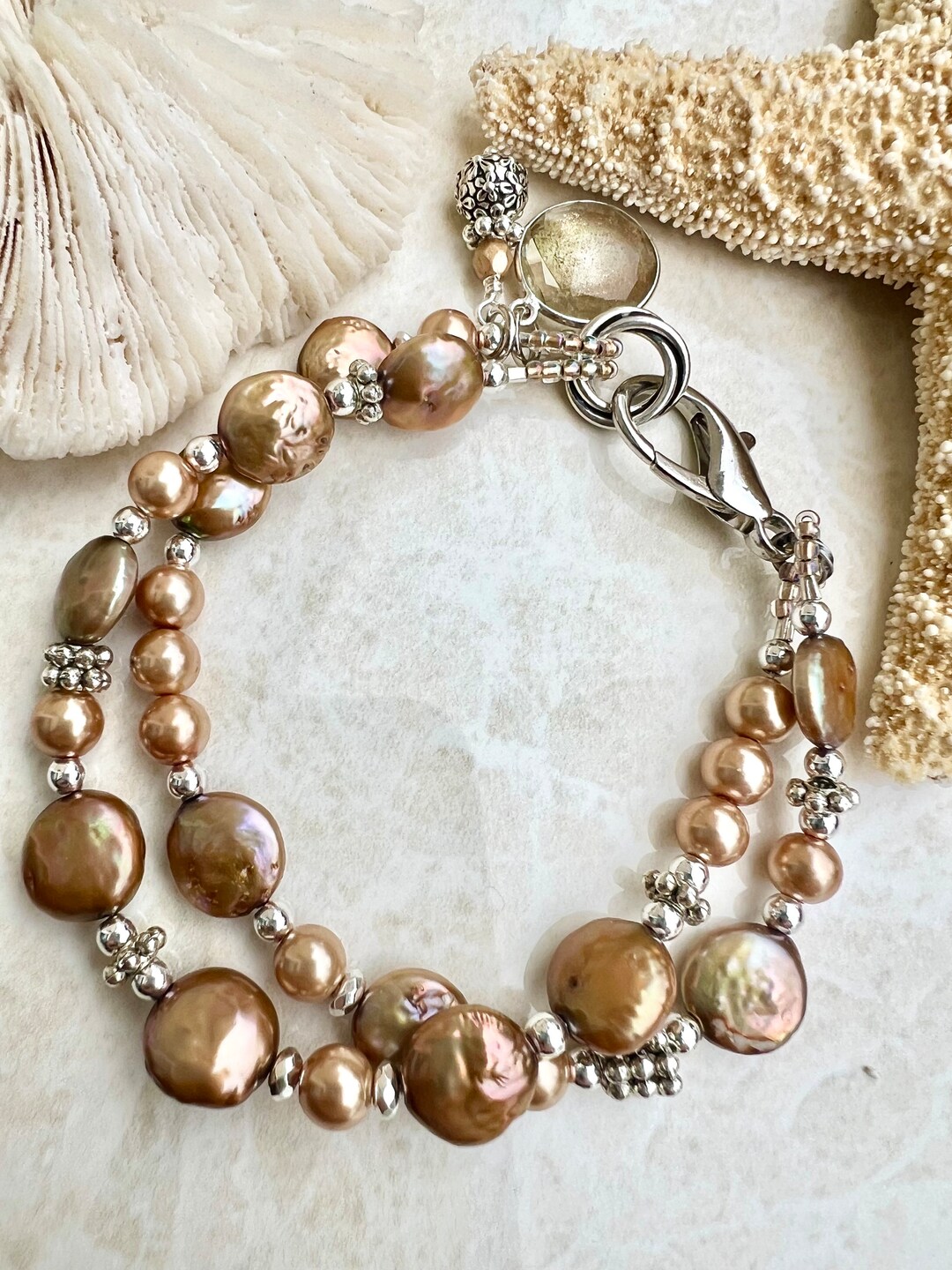 Pearl Bracelet Double Strand Coin Pearl Crystal Charm - Etsy