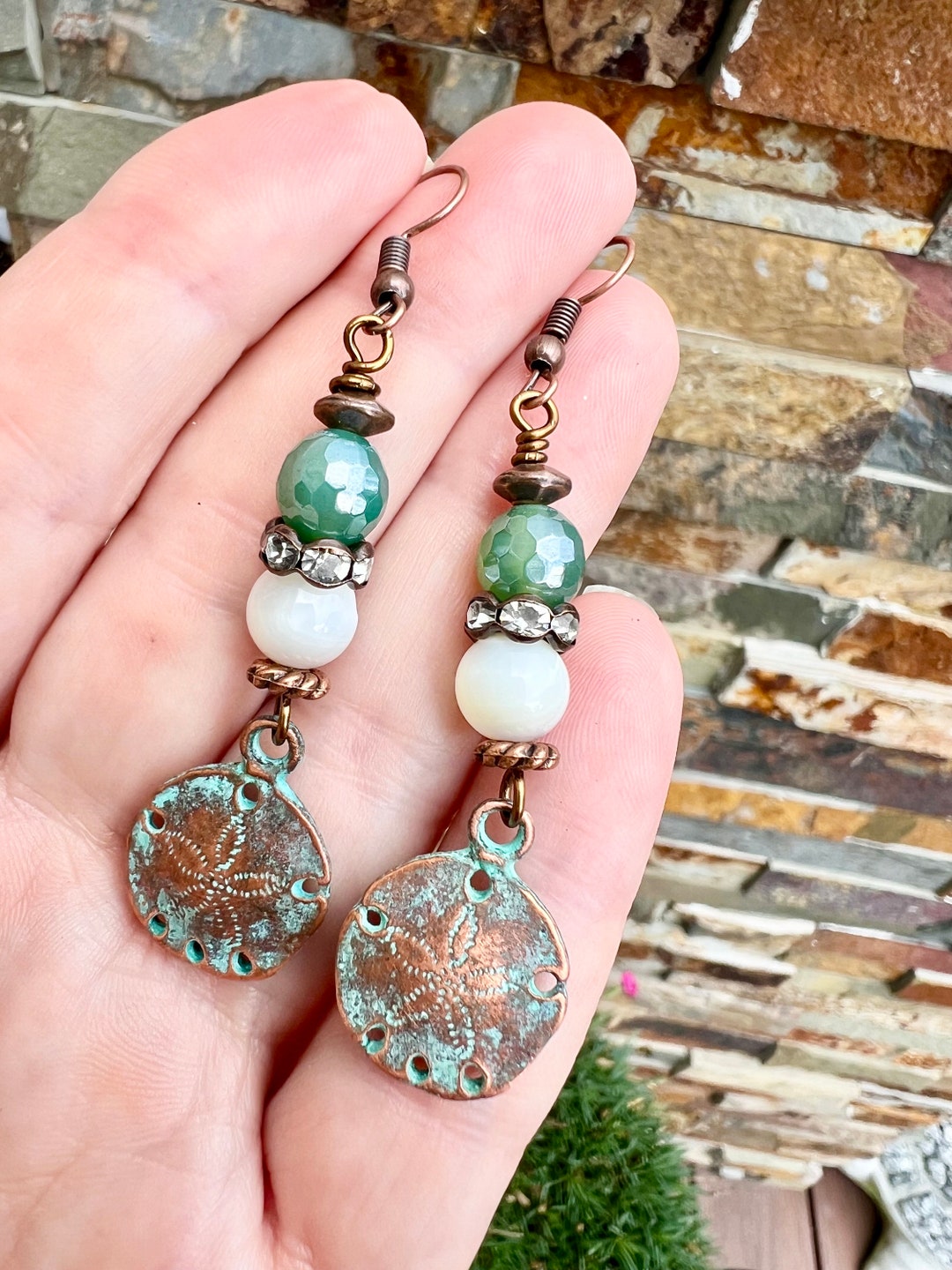 Sand Dollar Earrings, Green Agate Earrings, Copper Earrings, Statement ...