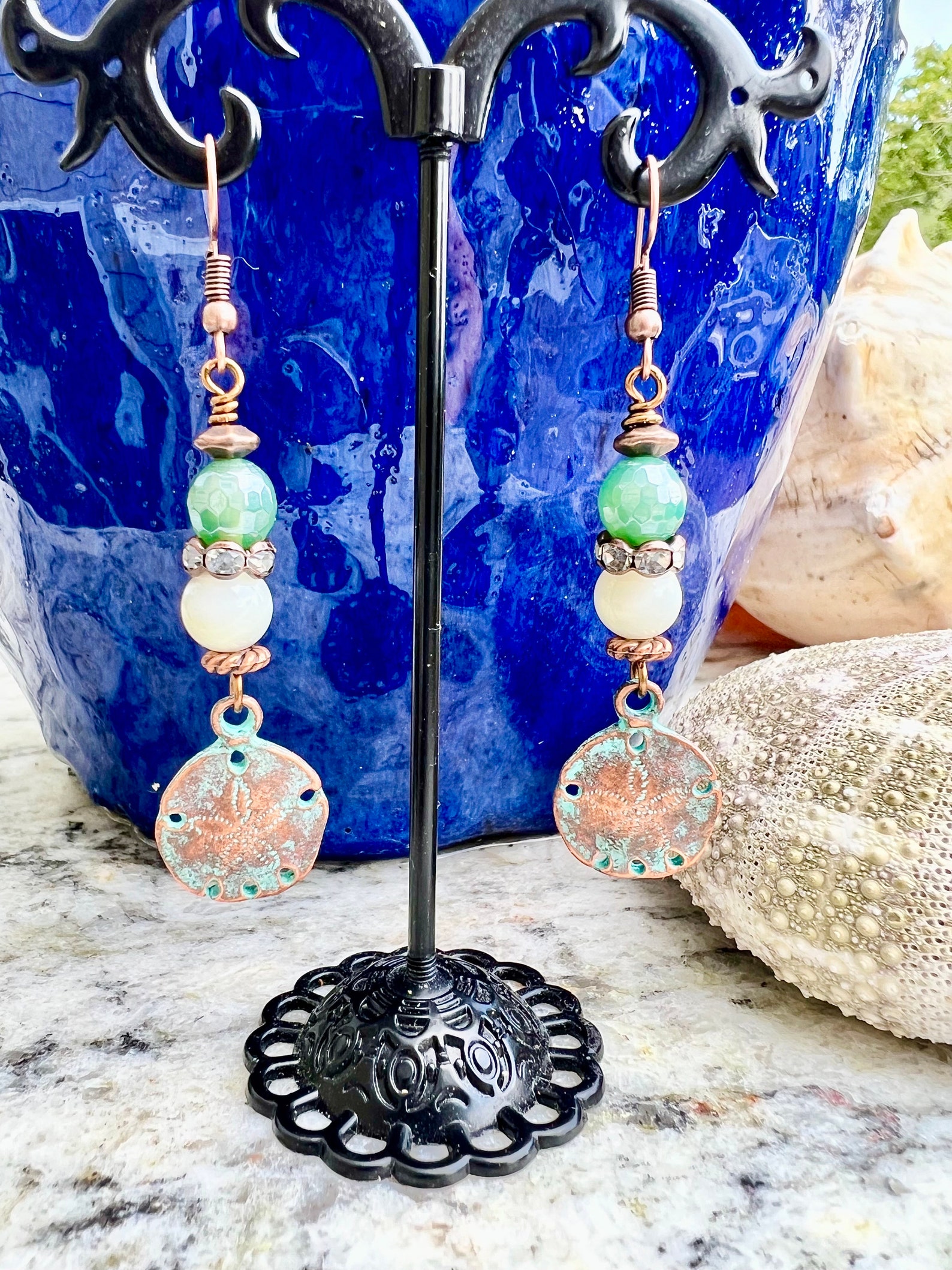 Sand Dollar Earrings, Green Agate Earrings, Copper Earrings, Statement ...