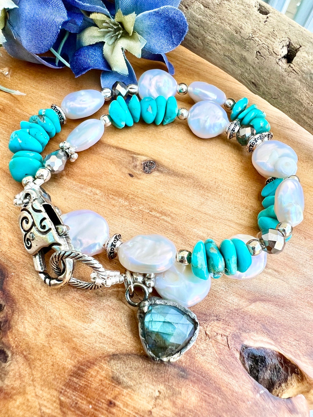 Turquoise & Coin Pearl Bracelet: Boho Labradorite Charm - Etsy