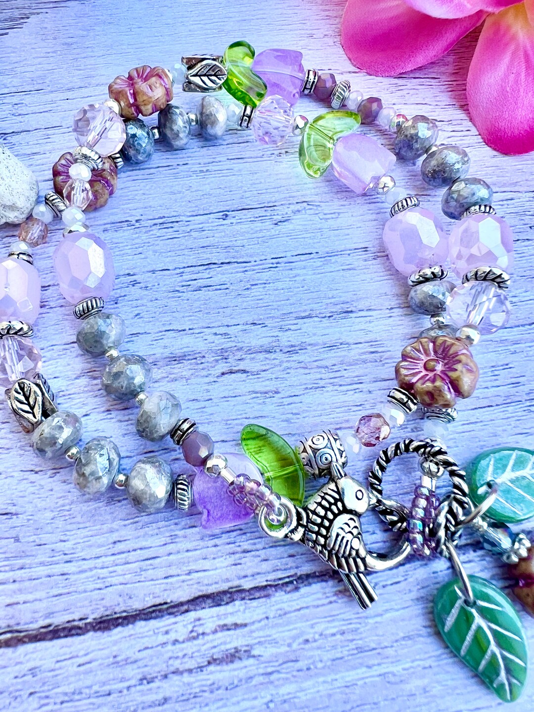 Czech Bead Bracelet, Spring Garden Bracelet, Flower Bead Bracelet, Wrap ...