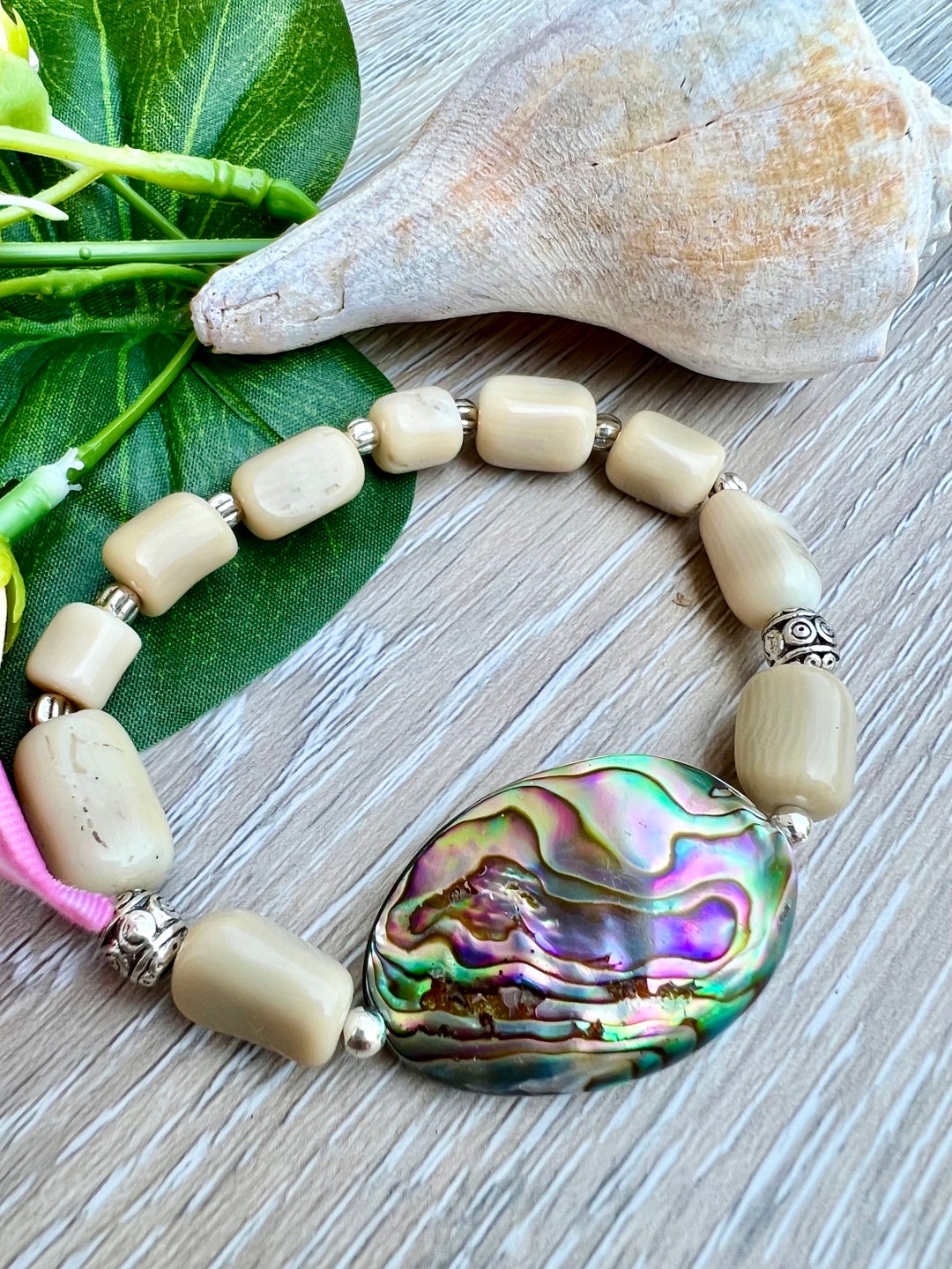 Abalone Bracelet , Abalone and Coral Bracelet , Stretch Bracelet, Beach Jewelry - Etsy