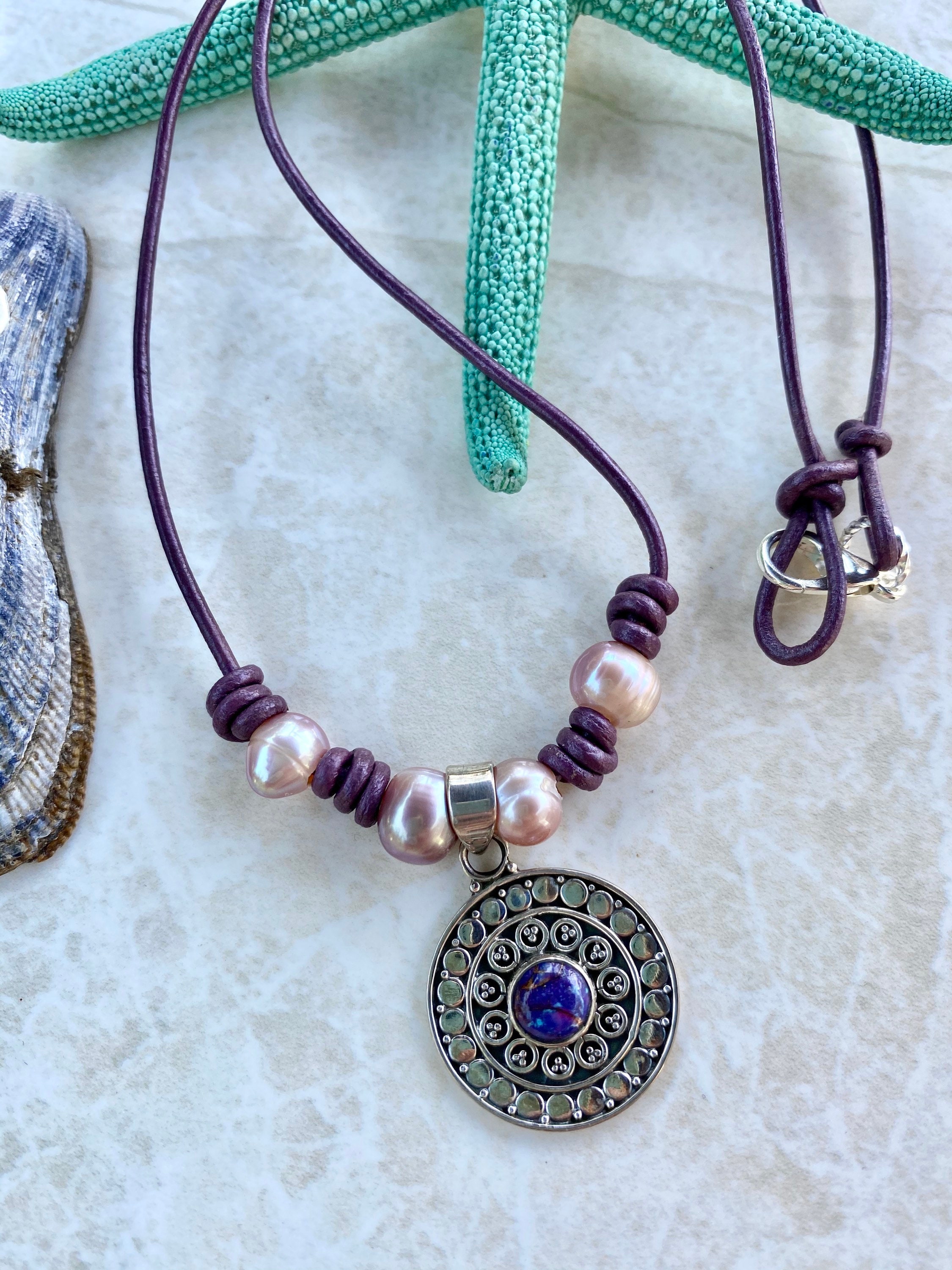 Leather pearl necklace sterling purple turquoise pendant | Etsy
