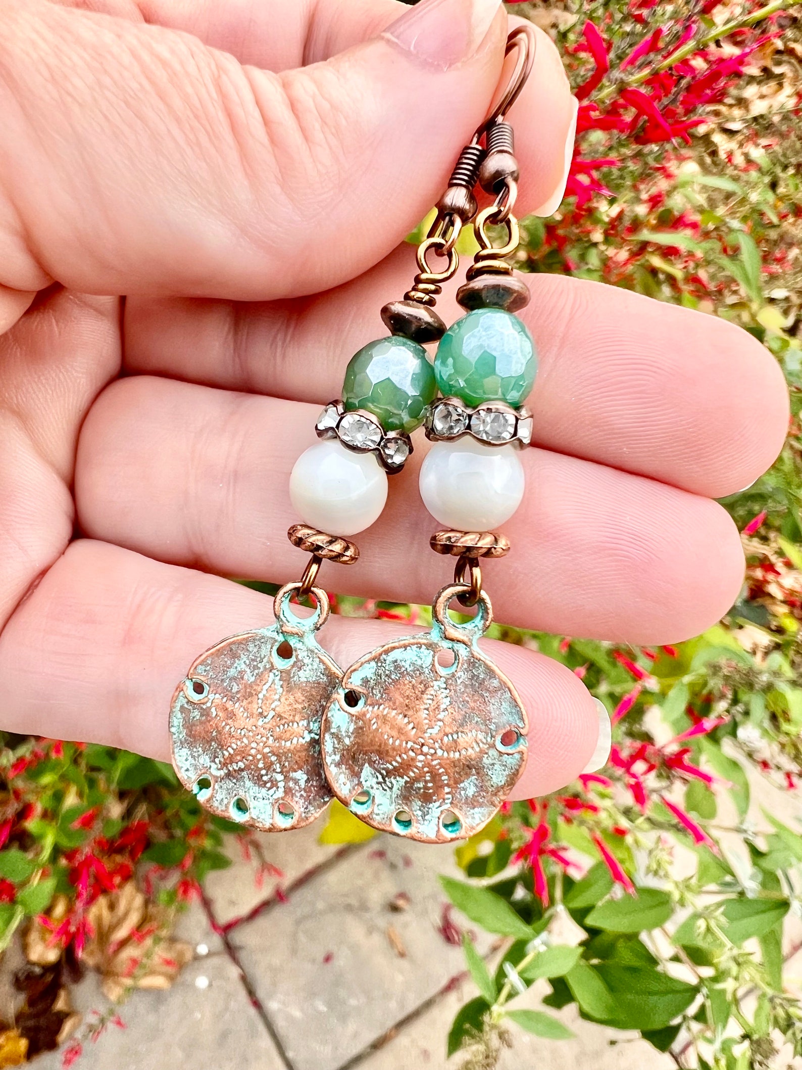 Sand Dollar Earrings, Green Agate Earrings, Copper Earrings, Statement ...