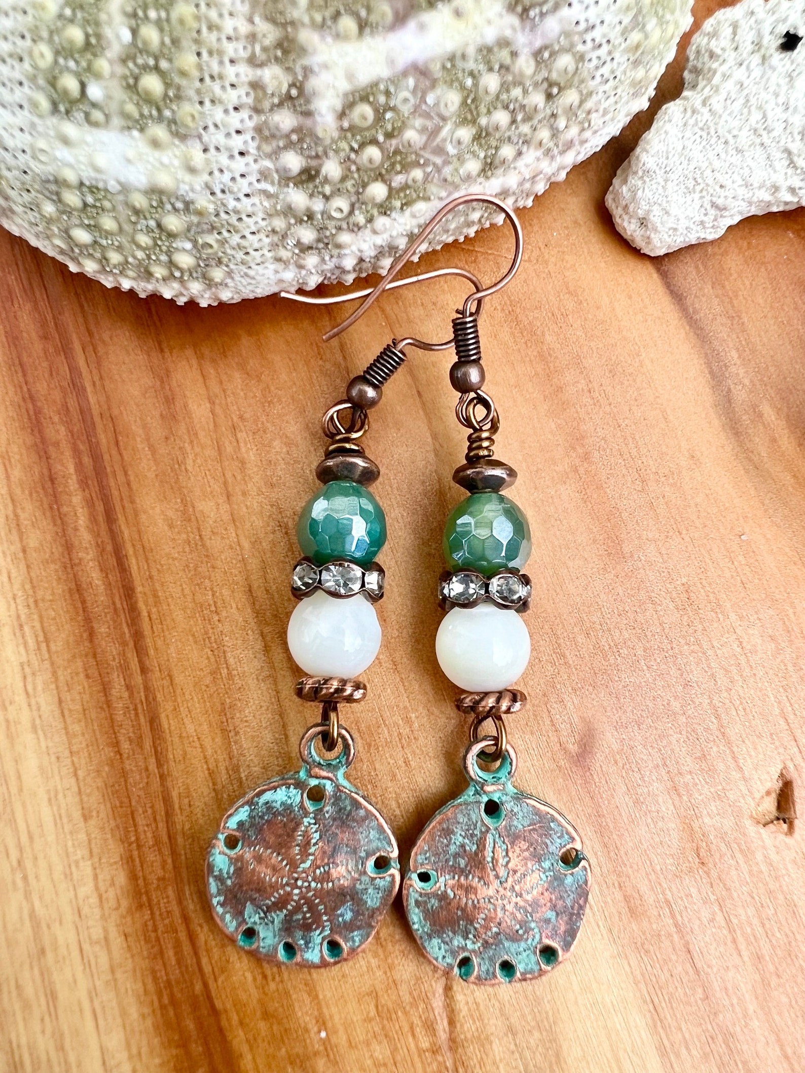 Sand Dollar Earrings, Green Agate Earrings, Copper Earrings, Statement ...