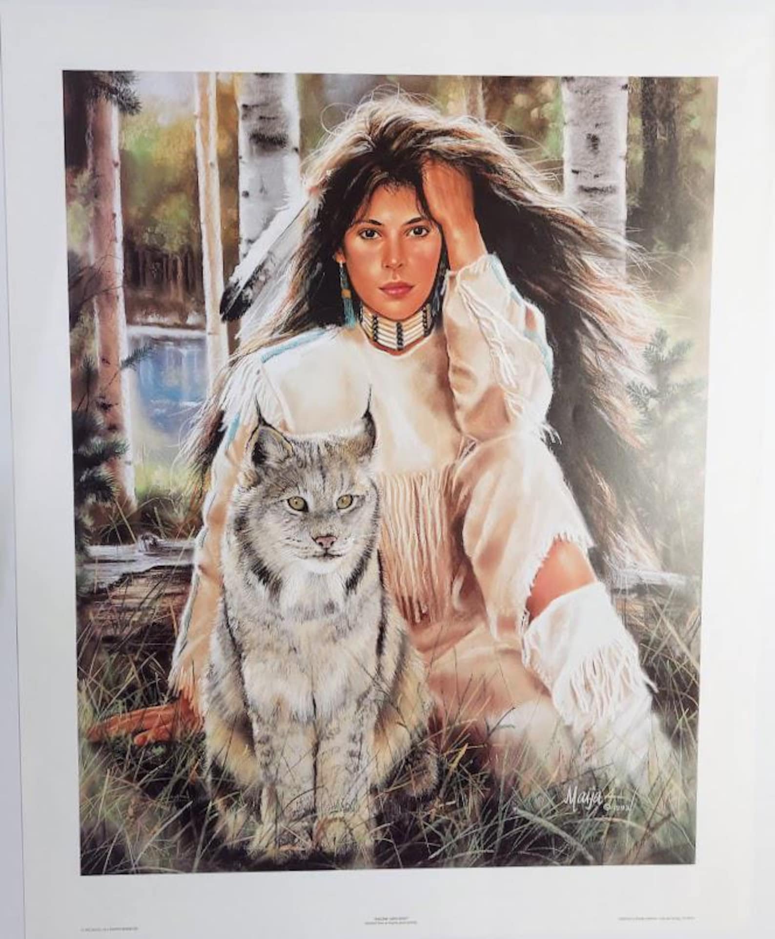 Native American Indian Woman & Lynx Art Print 26 X 32 by Maija Titled ...