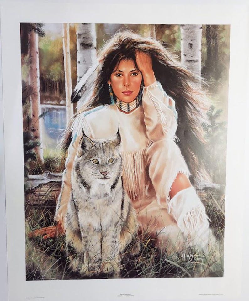 Native American Indian Woman & Lynx Art Print 26 X 32 by Maija Titled ...